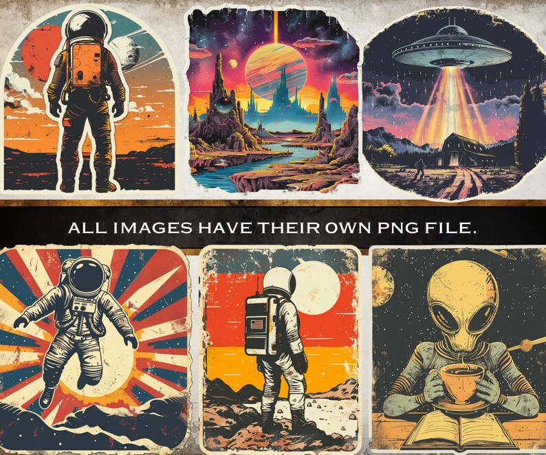 Vintage Sci-fi Sticker Pack, 45 Science Fiction Digital Stickers, PNG ...