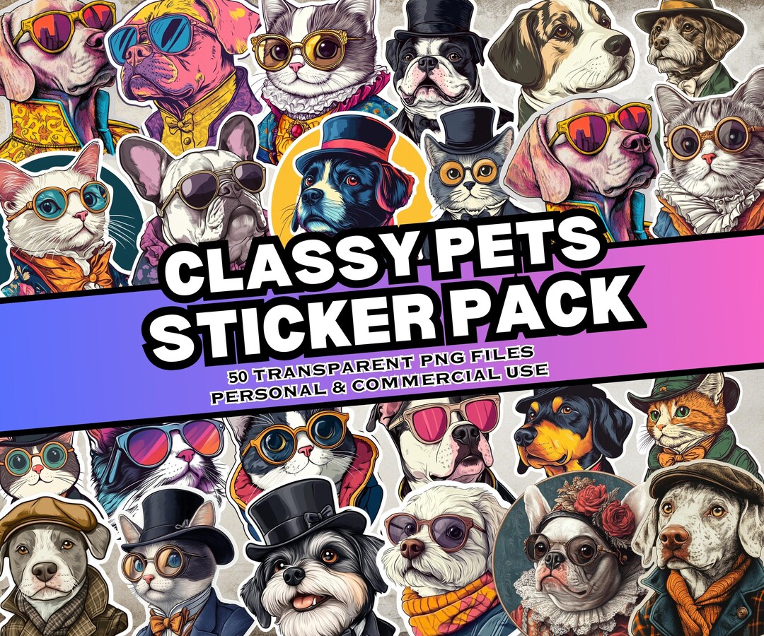 Classy Pets Sticker Pack, 50 Animal Digital Stickers, Cat Stickers, Dog ...