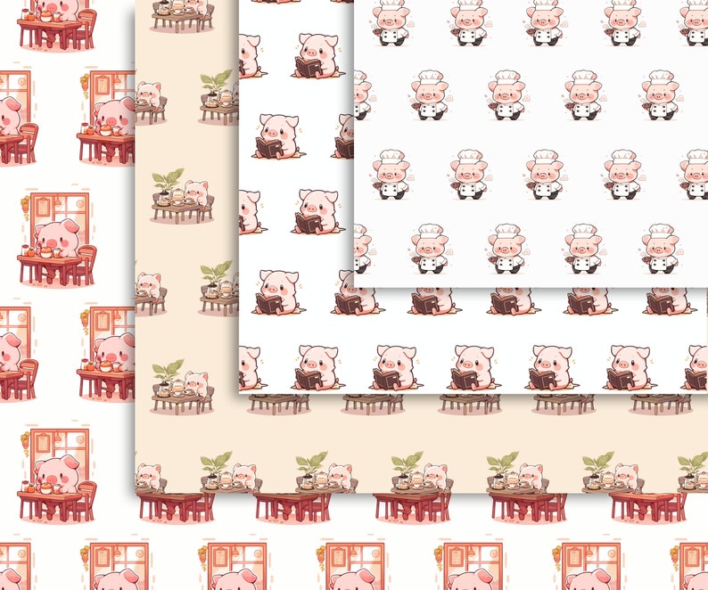 Little Piggy Patterns, 14 Cute Chibi Pigs Seamless Digital Papers ...