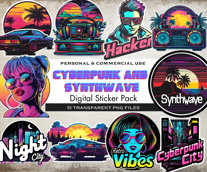 Cyberpunk and Synthwave Sticker Pack, 55 Digital Stickers, Transparent ...
