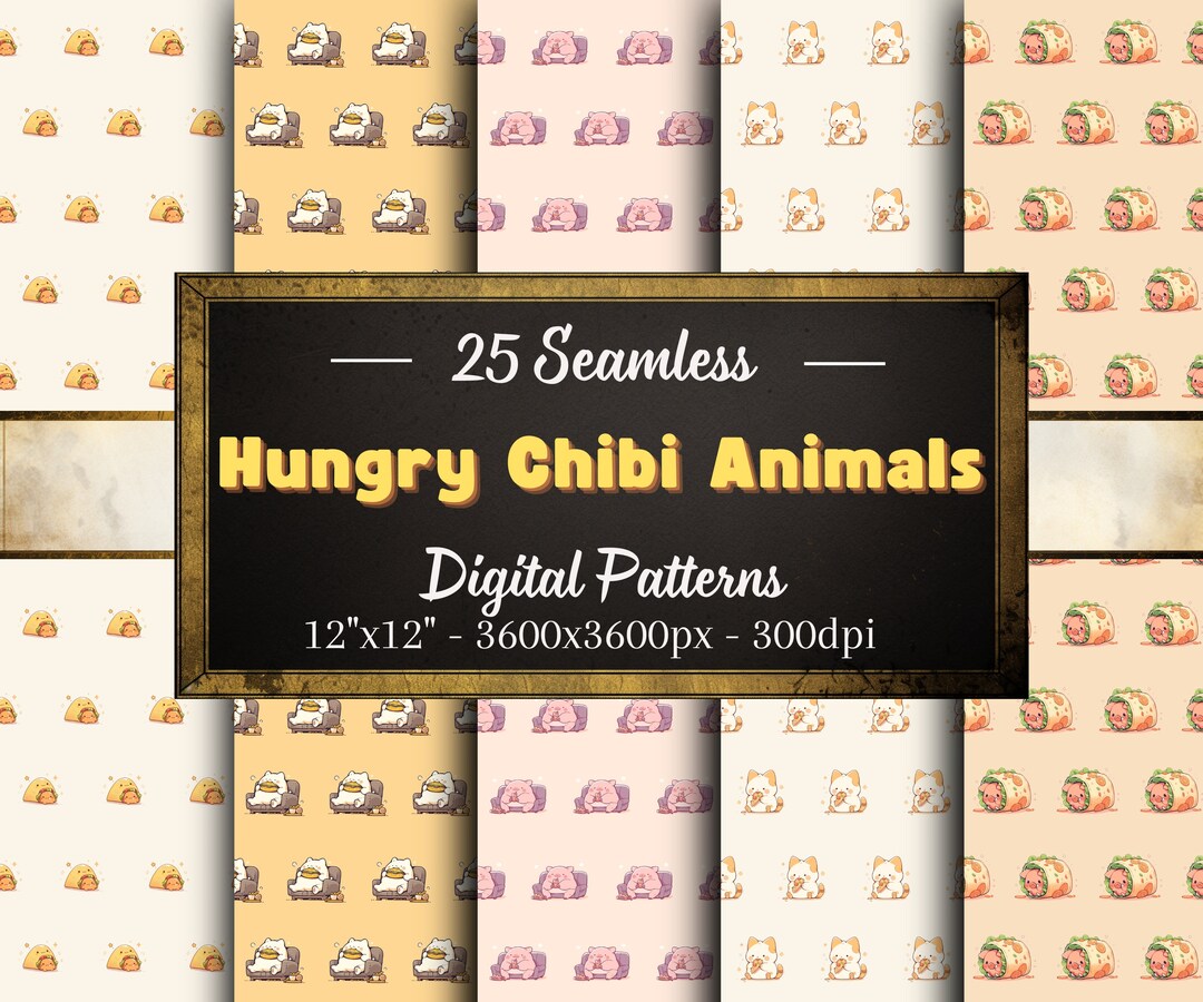 Hungry Chibi Animals Patterns, 25 Cute Chibi Seamless Digital Papers ...
