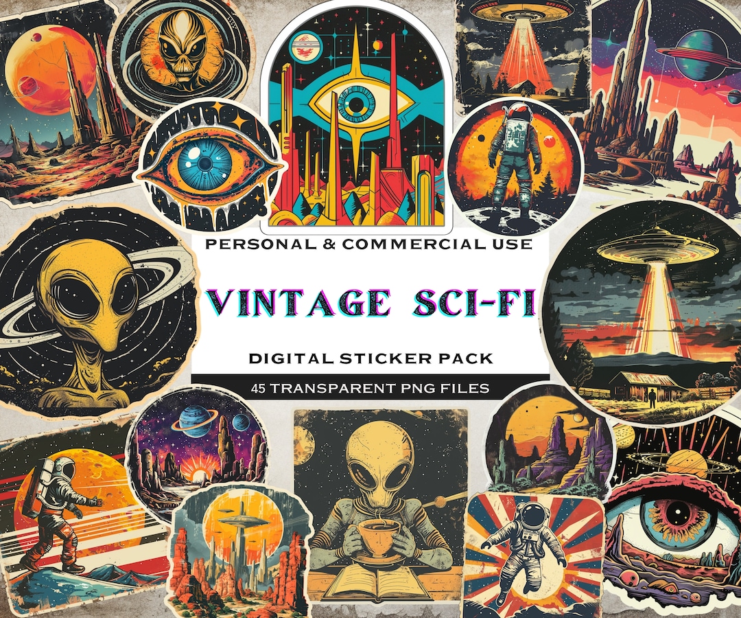 Vintage Sci-fi Sticker Pack, 45 Science Fiction Digital Stickers, PNG ...