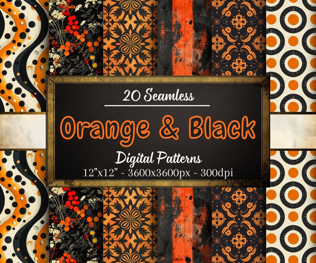 Orange and Black Seamless Patterns, 20 Digital Papers, Orange and Black ...