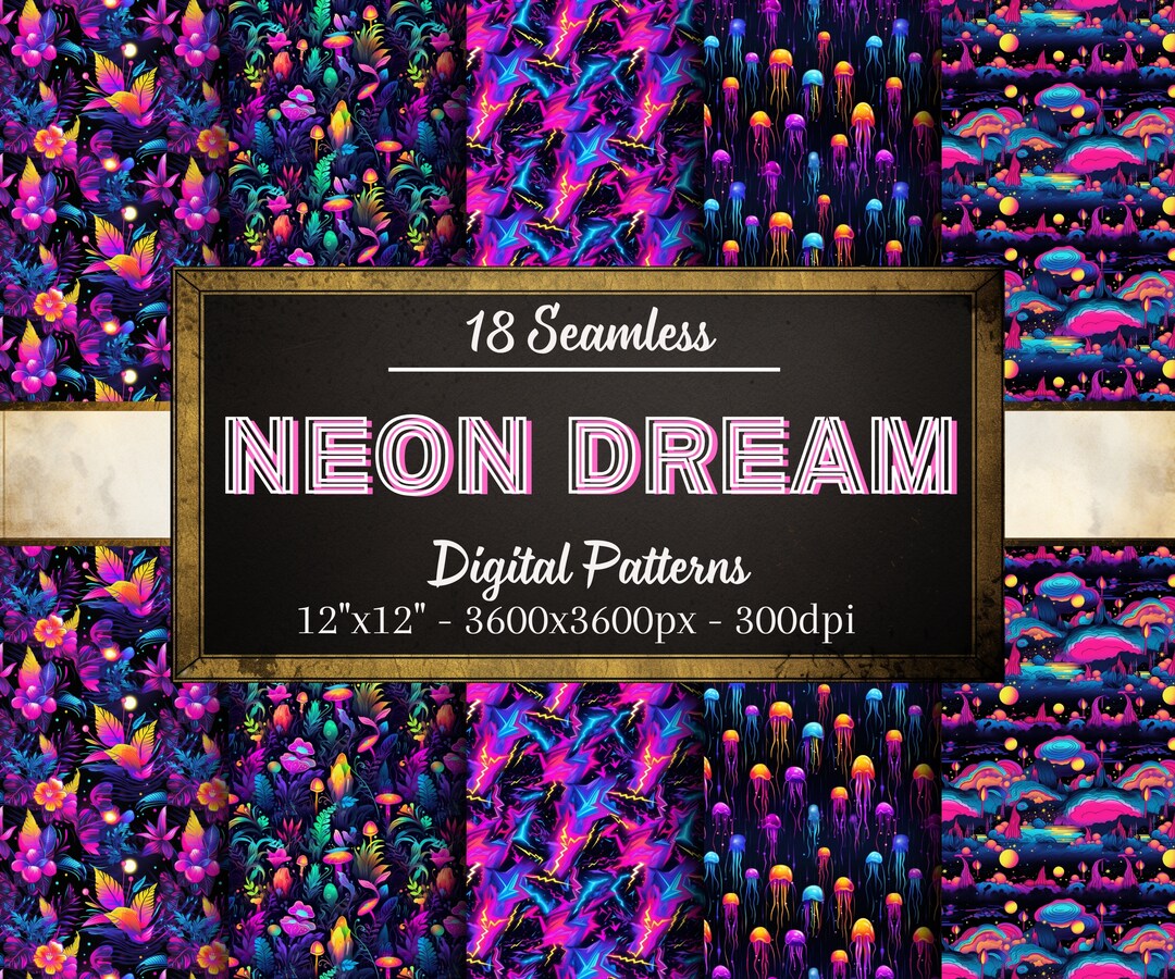 Neon Dream Seamless Patterns, 18 Vibrant Neon Digital Papers, Instant ...