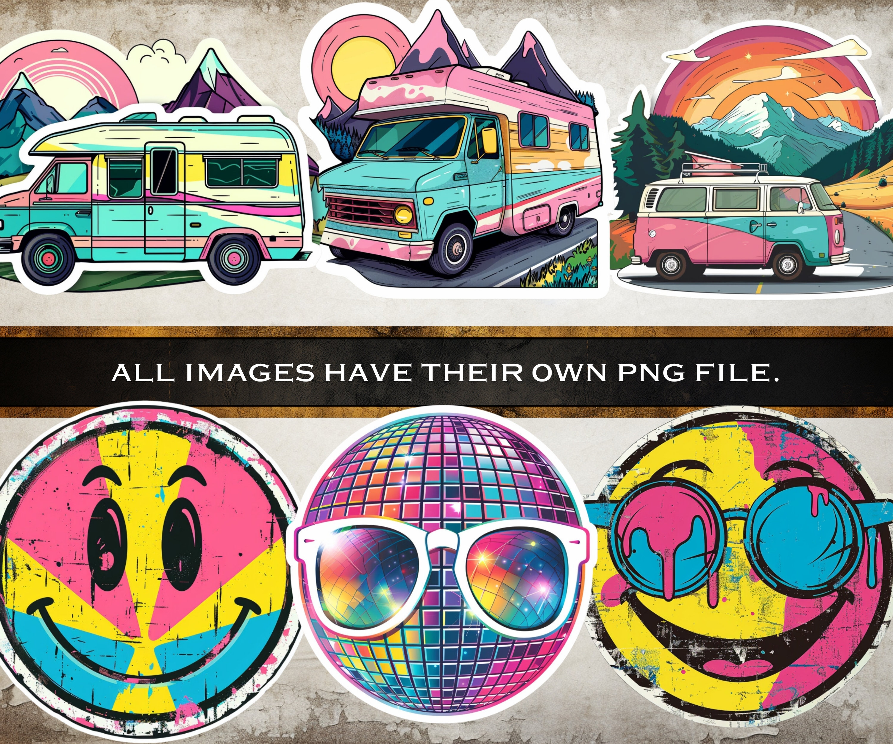 Groovy Sticker Pack, 40 Retro Digital Stickers, Transparent PNG Files ...