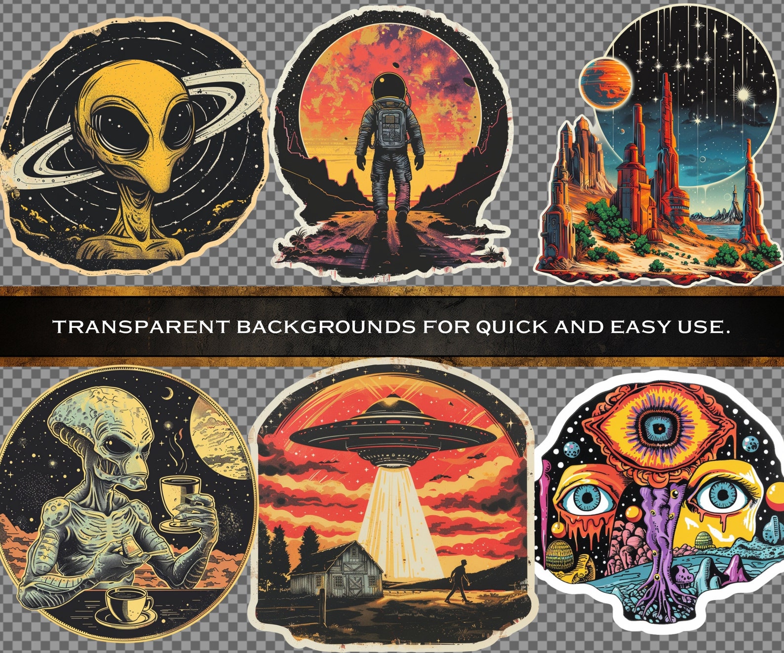 Vintage Sci-fi Sticker Pack, 45 Science Fiction Digital Stickers, PNG ...