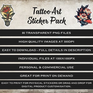 Tattoo Art Sticker Pack, 80 Tattoo Design Digital Stickers, PNG Files ...