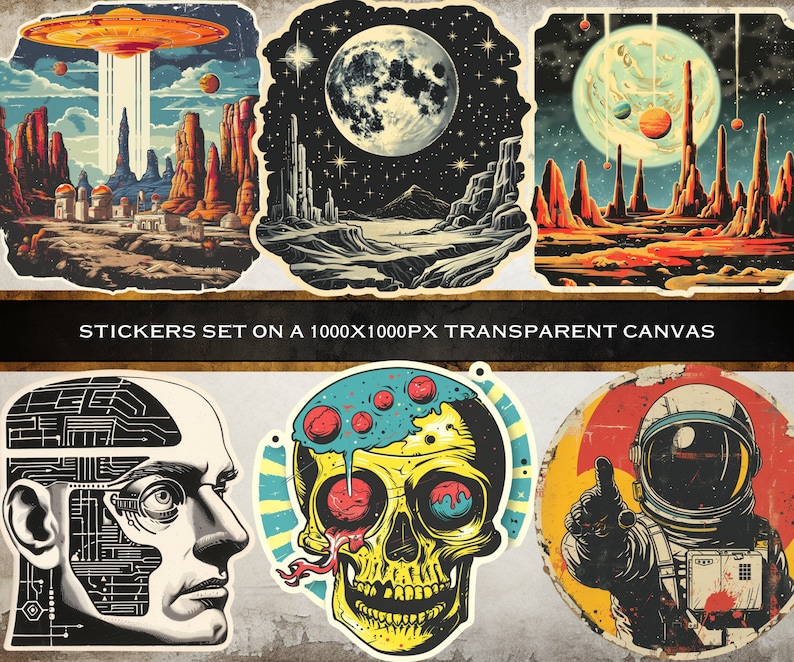 Vintage Sci-fi Sticker Pack, 45 Science Fiction Digital Stickers, PNG ...