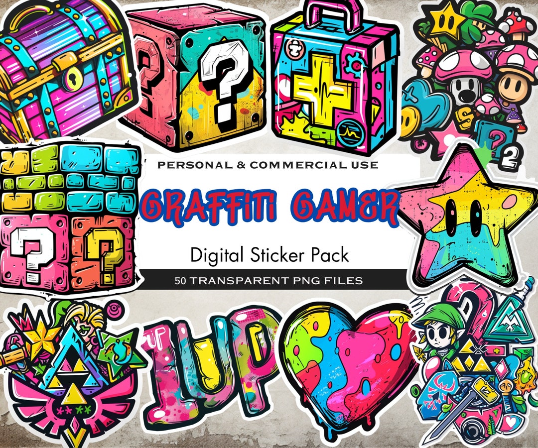 Gamer Sticker Pack, 50 Graffiti Themed Digital Stickers, Transparent ...