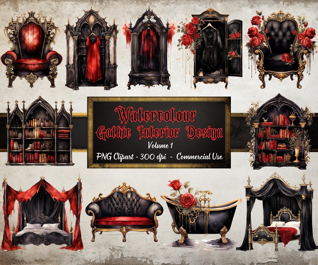 Watercolour Gothic Interior Design Clipart - 30 Transparent PNG Files ...