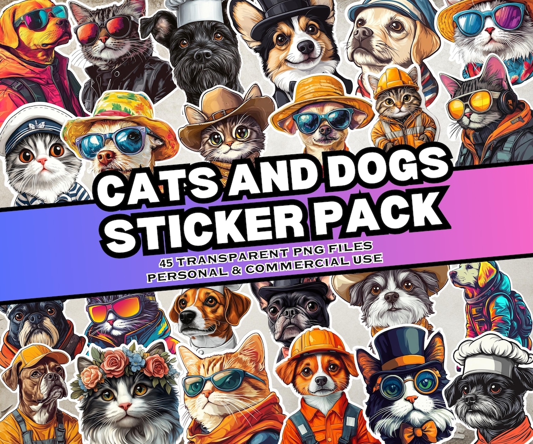 Cats and Dogs Sticker Pack, 45 Digital Animal Stickers, Cat Stickers ...