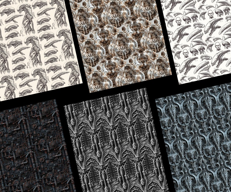 Giger Inspired Patterns, 25 Gothic Fantasy Seamless Digital Papers ...