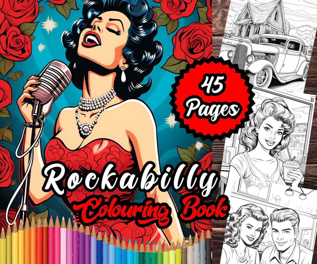 Rockabilly Colouring Book, 45 Printable Colouring Pages for Adults ...