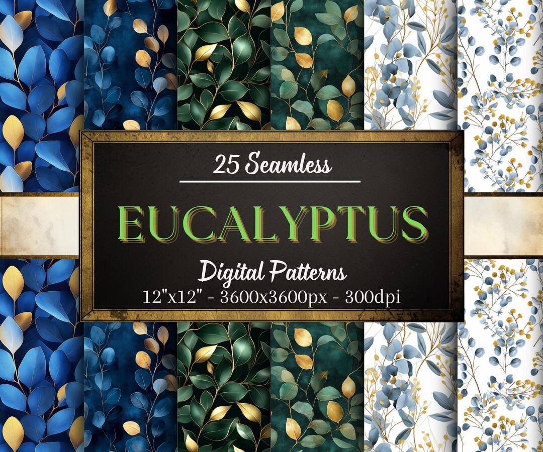 Eucalyptus Seamless Patterns, 25 Blue Green and Gold Digital Papers ...