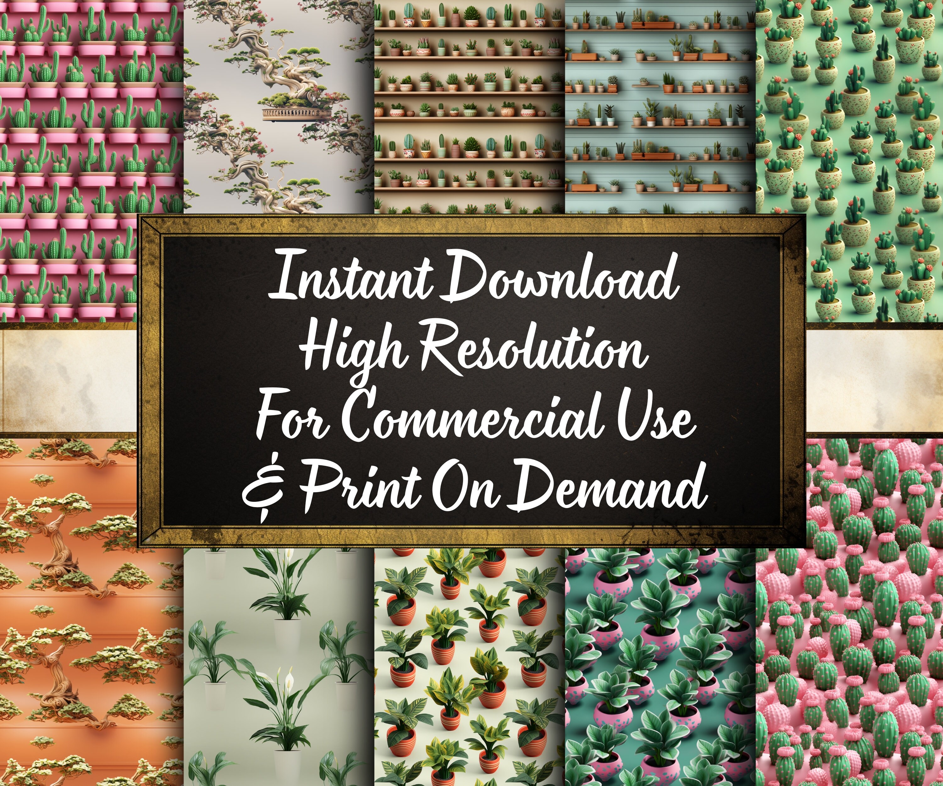 3D Plants Patterns, 20 Potted Plants Seamless Digital Papers, Instant ...