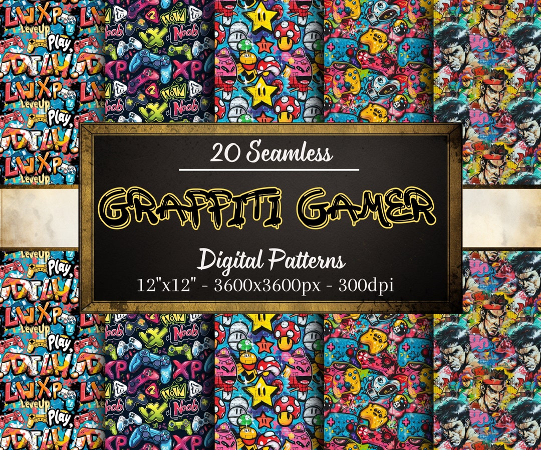 Graffiti Gamer Seamless Patterns, 20 Gamer Digital Papers, Graffiti ...
