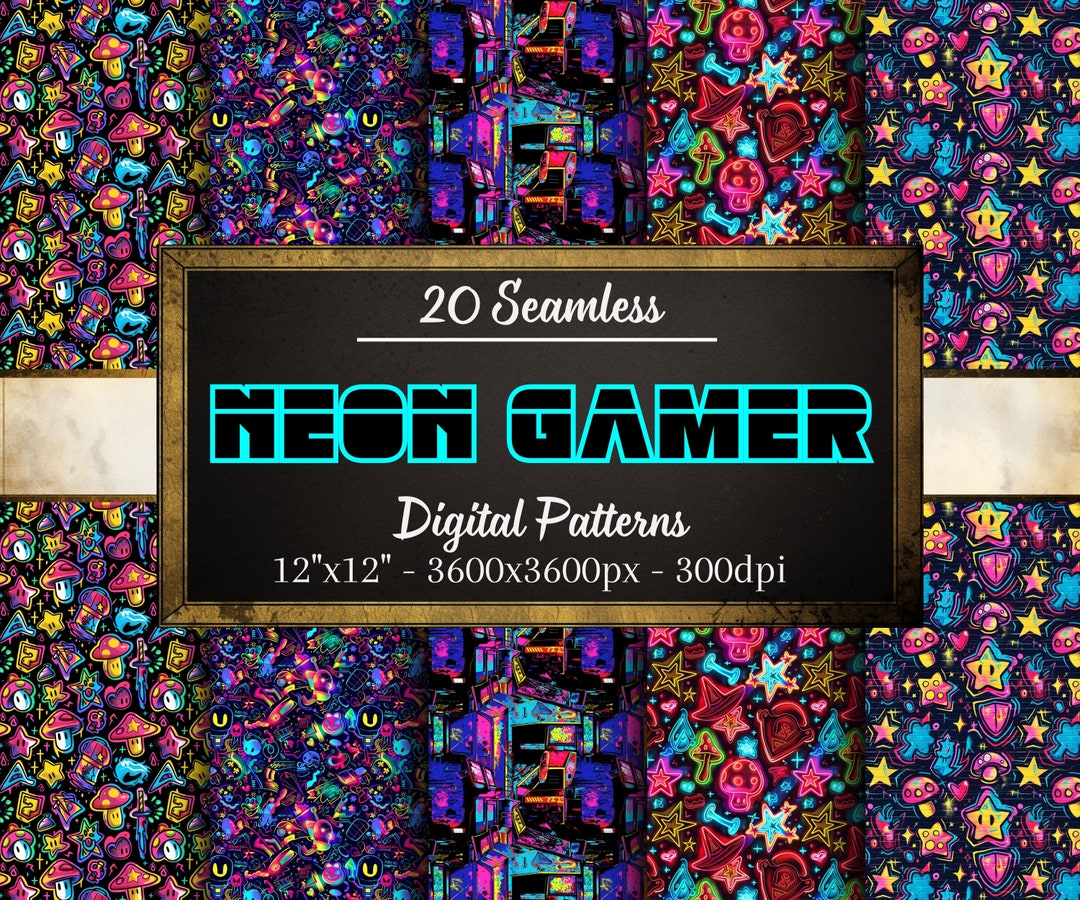 Neon Gamer Seamless Patterns, 20 Gamer Digital Papers, Graffiti ...