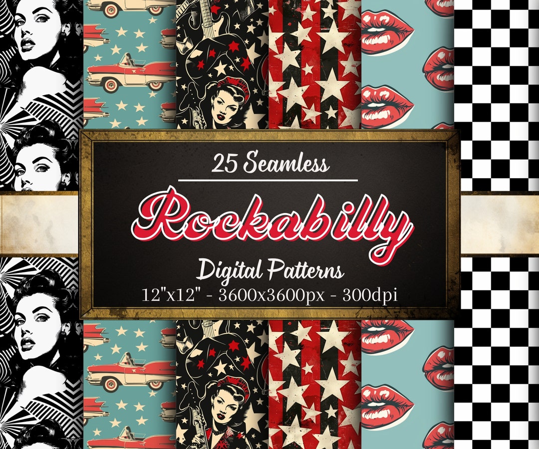 Rockabilly Seamless Patterns, 25 Rockabilly Digital Papers, Vintage ...