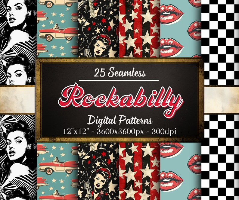 Rockabilly Seamless Patterns, 25 Rockabilly Digital Papers, Vintage ...