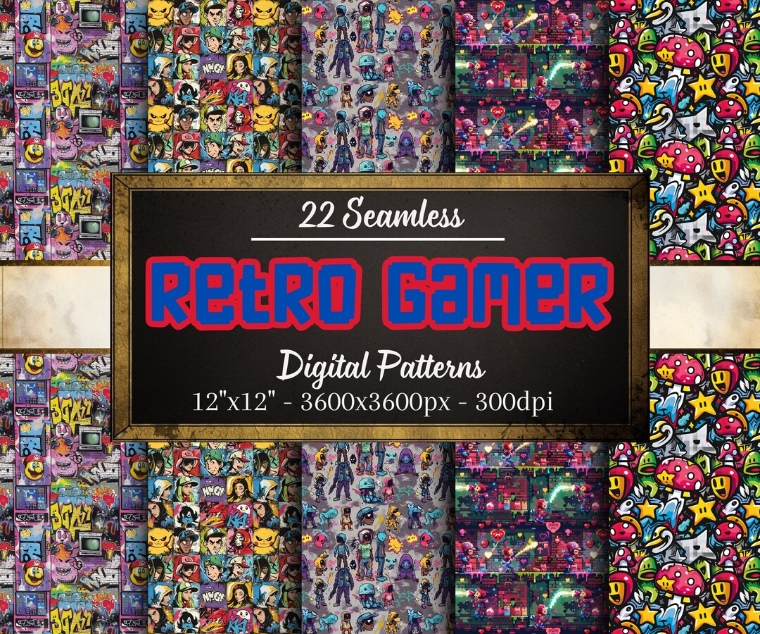 Retro Gamer Seamless Patterns, 22 Gamer Digital Papers, Graffiti ...