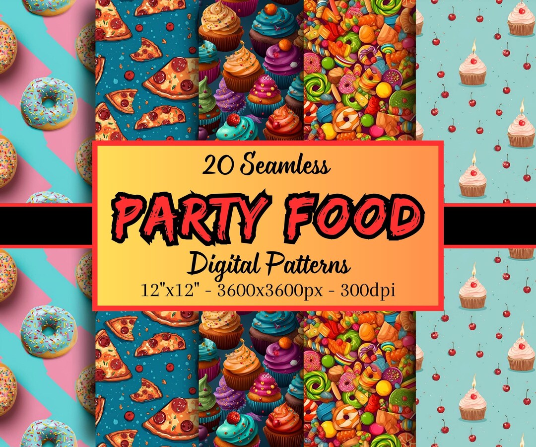 Party Digital Papers, 20 Seamless Patterns of Pizza, Donuts and More ...