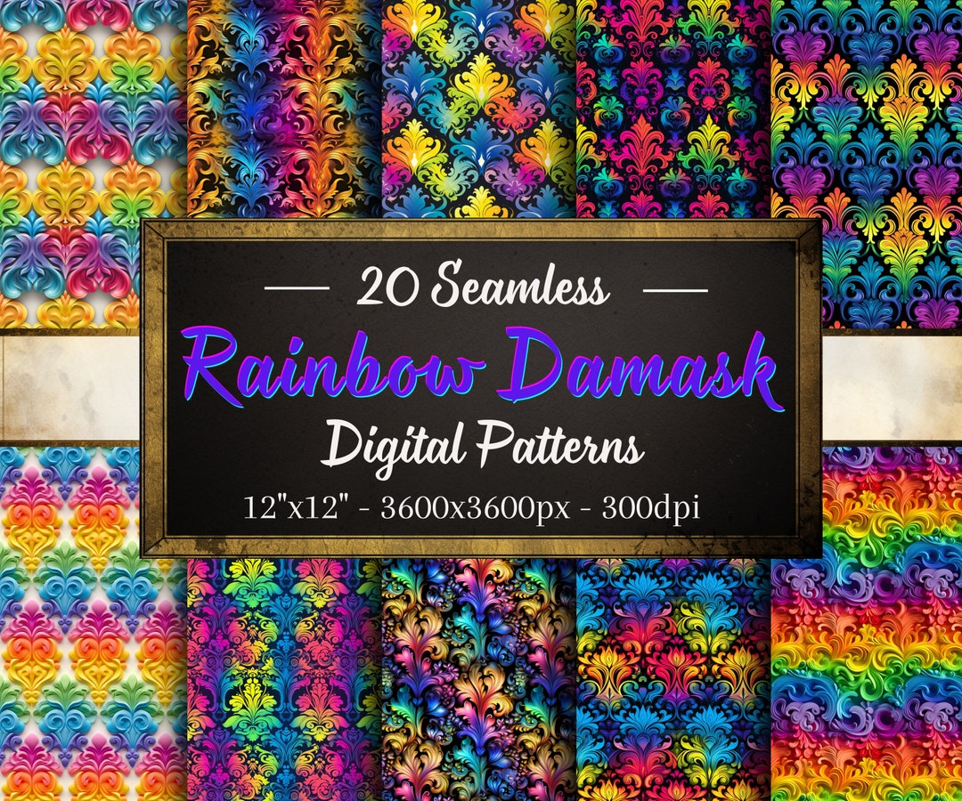 Rainbow Damask Patterns, 20 Colourful Damask Seamless Digital Papers ...