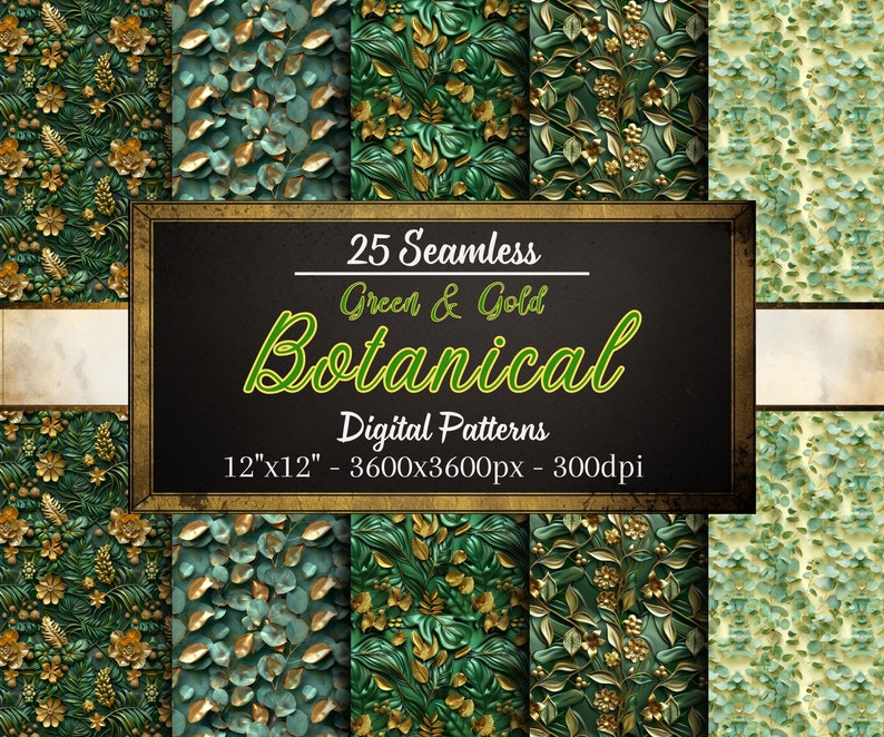 Green and Gold Botanical Patterns, 25 Botanical Seamless Digital Papers ...