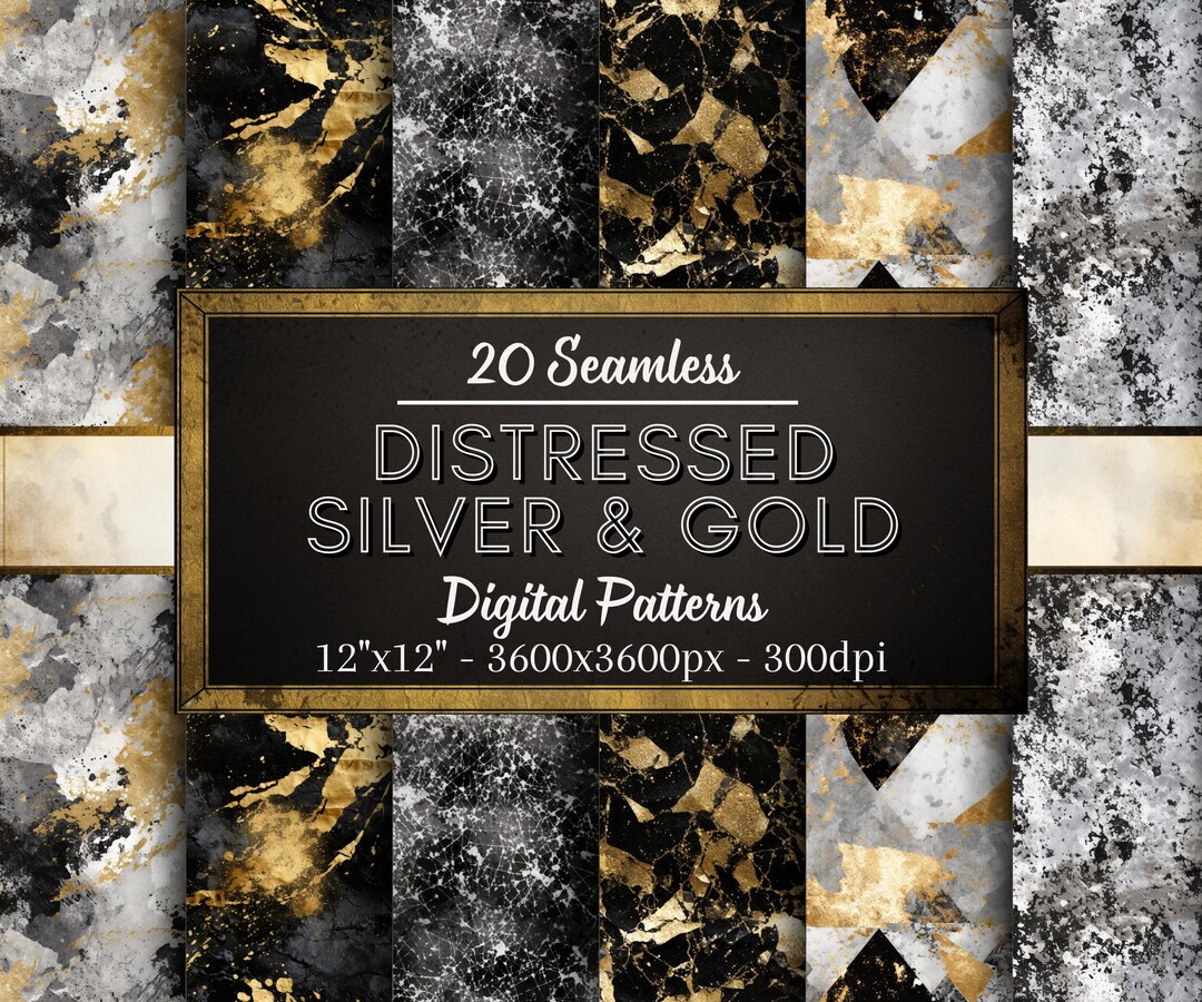 Silver and Gold Digital Paper, 20 Seamless Distressed Patterns, Grunge ...
