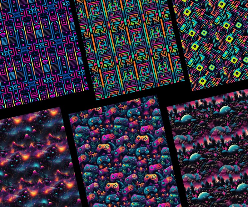 Neon Arcade Seamless Patterns, 20 Retro Arcade Digital Papers, Instant ...