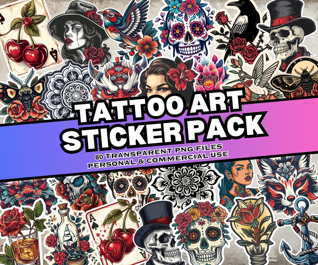 Tattoo Art Sticker Pack, 80 Tattoo Design Digital Stickers, PNG Files ...