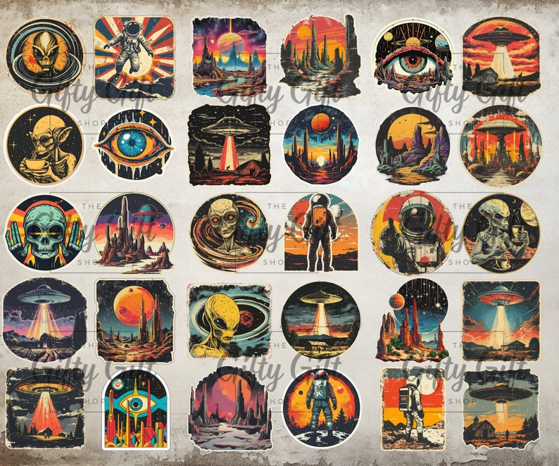 Vintage Sci-fi Sticker Pack, 45 Science Fiction Digital Stickers, PNG ...