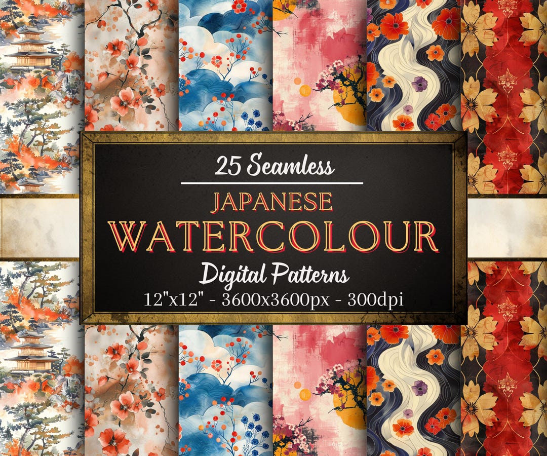 Japanese Watercolour Seamless Patterns, 25 Rustic Japanese Digital ...