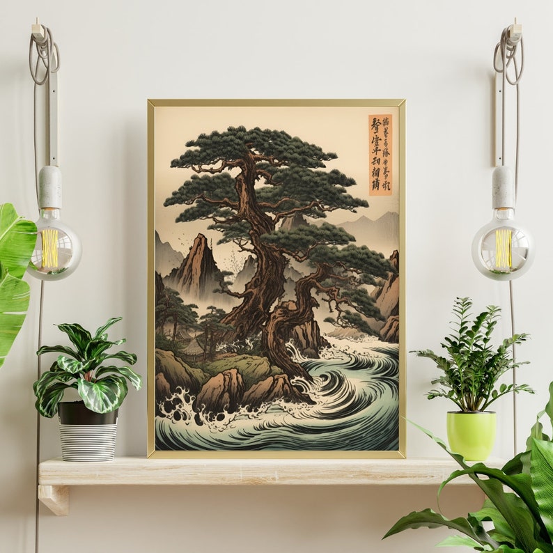 Japanese Digital Wall Art Print, Bonsai Tree & River Vintage Japanese ...