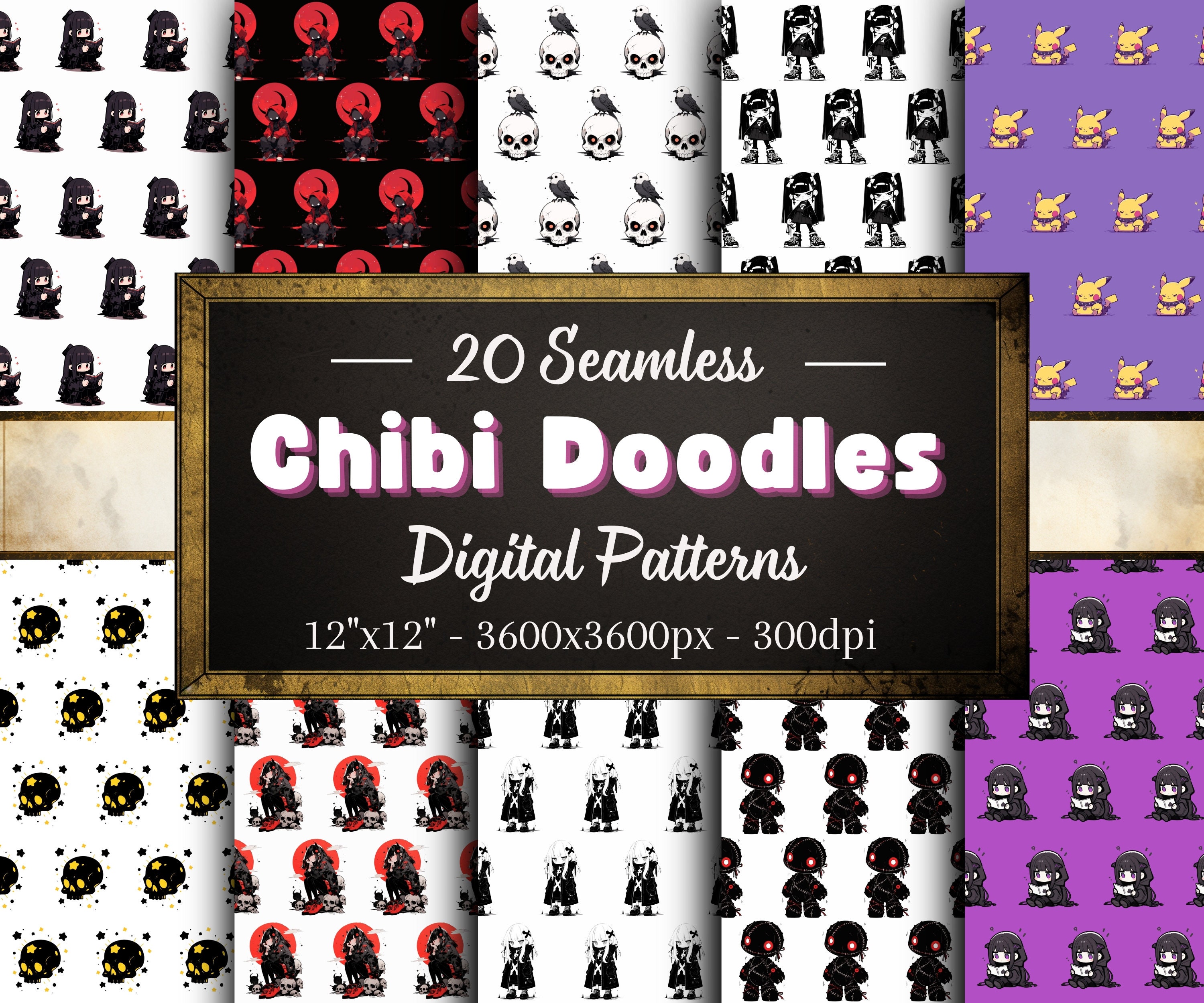 Gothic Chibi Patterns, 20 Chibi Doodle Art Seamless Digital Papers ...