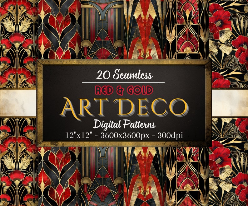 Red and Gold Art Deco Seamless Patterns, 20 Digital Papers, Art Deco ...
