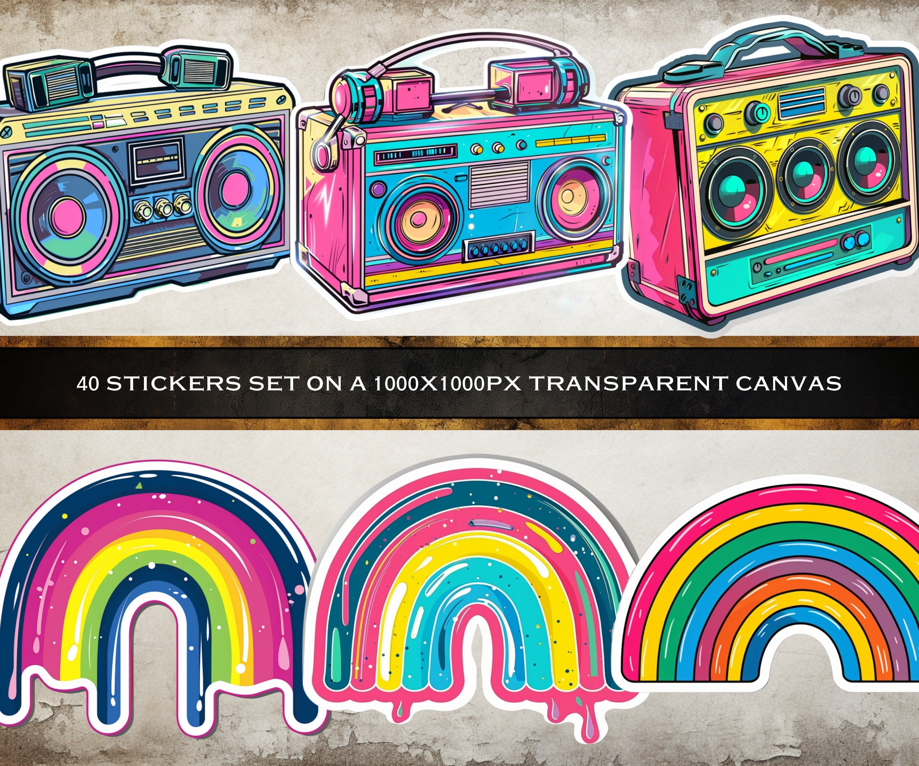 Groovy Sticker Pack, 40 Retro Digital Stickers, Transparent PNG Files ...