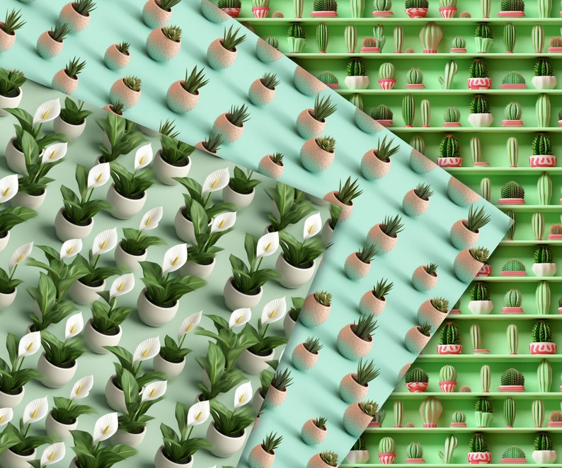 3D Plants Patterns, 20 Potted Plants Seamless Digital Papers, Instant ...