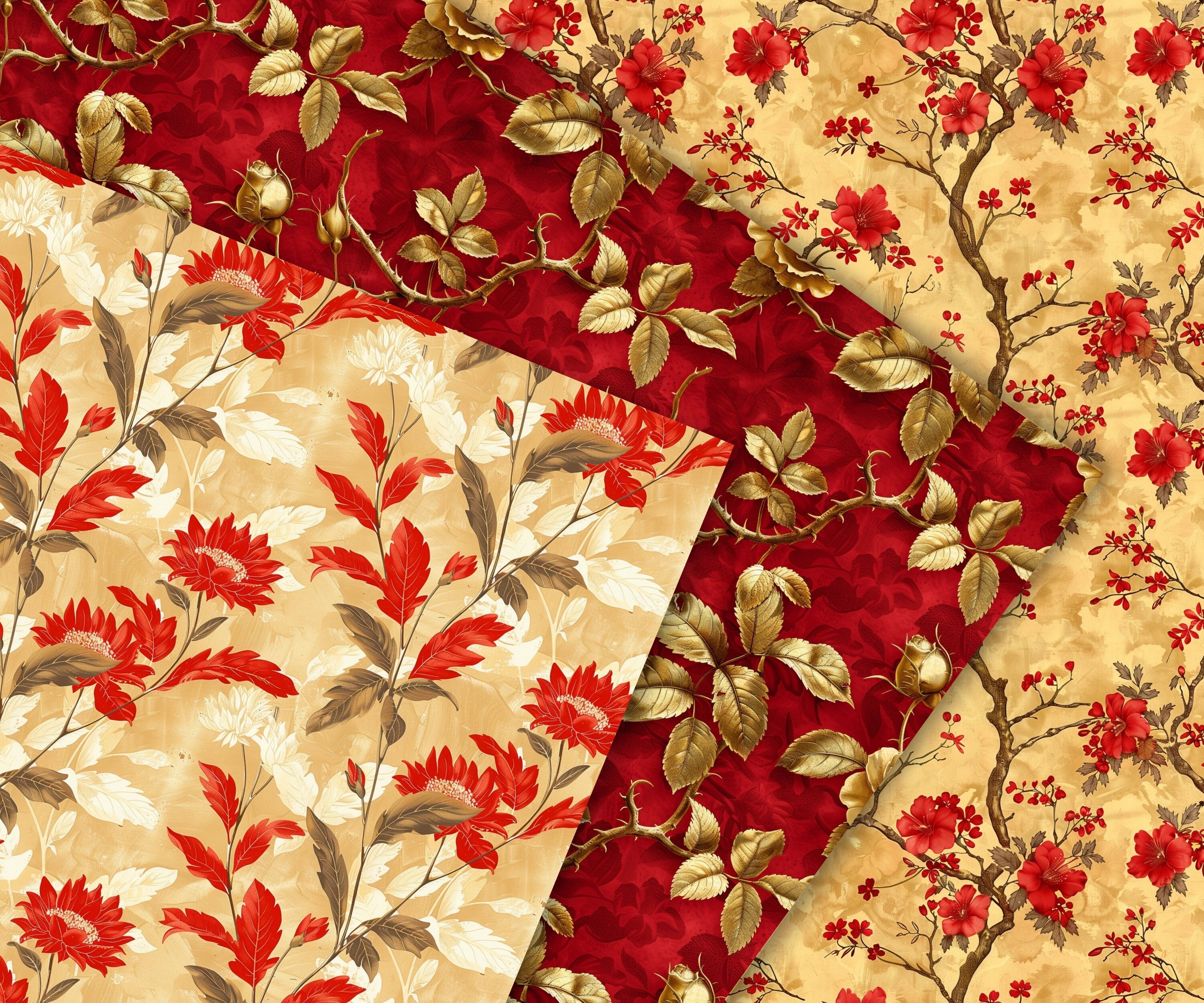 Red and Gold Botanical Seamless Patterns, 20 Botanical Digital Papers ...
