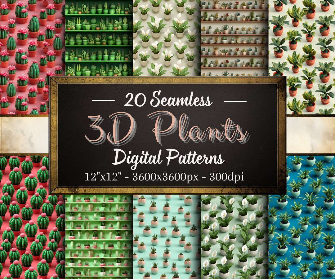 3D Plants Patterns, 20 Potted Plants Seamless Digital Papers, Instant ...