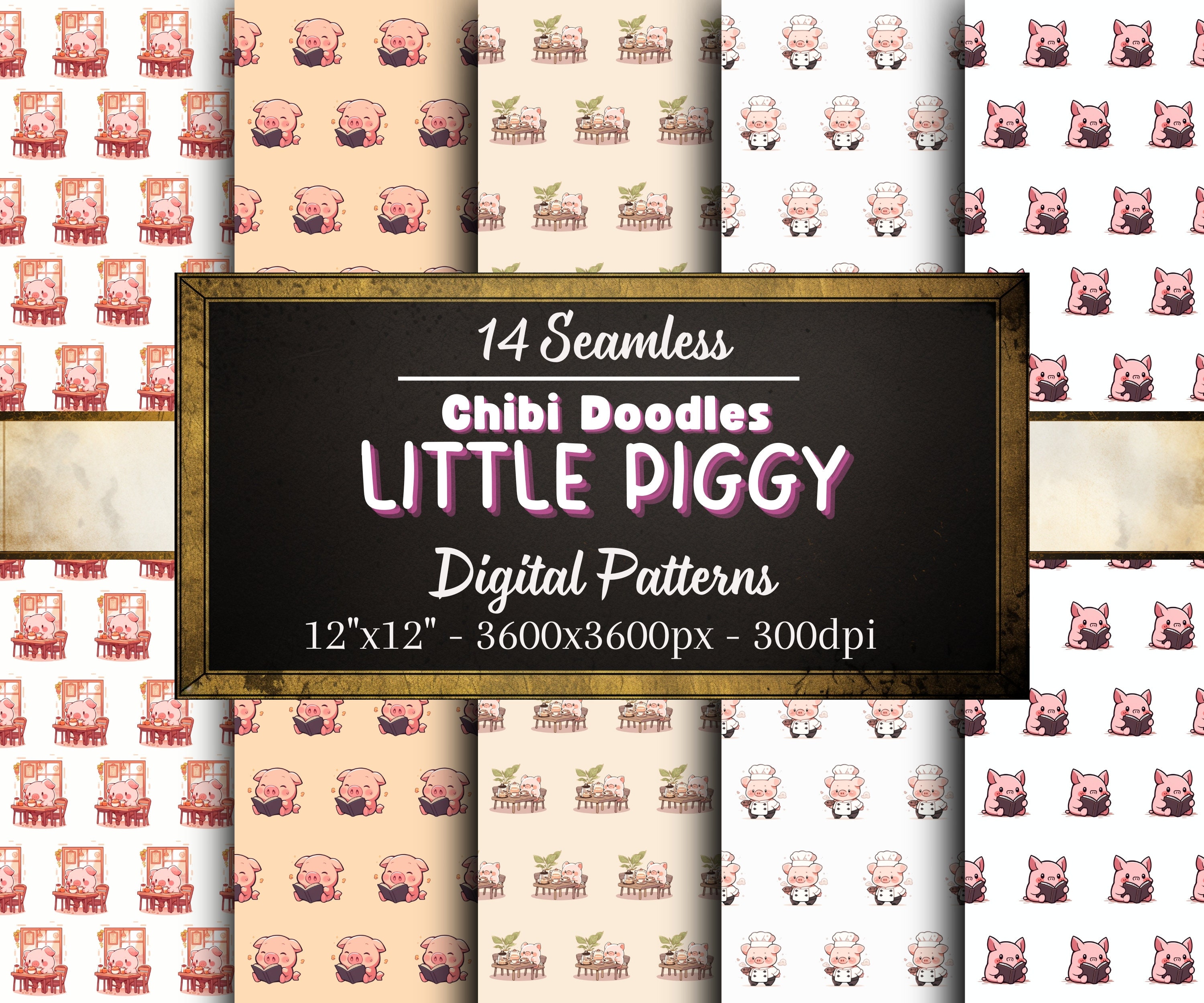 Little Piggy Patterns, 14 Cute Chibi Pigs Seamless Digital Papers ...