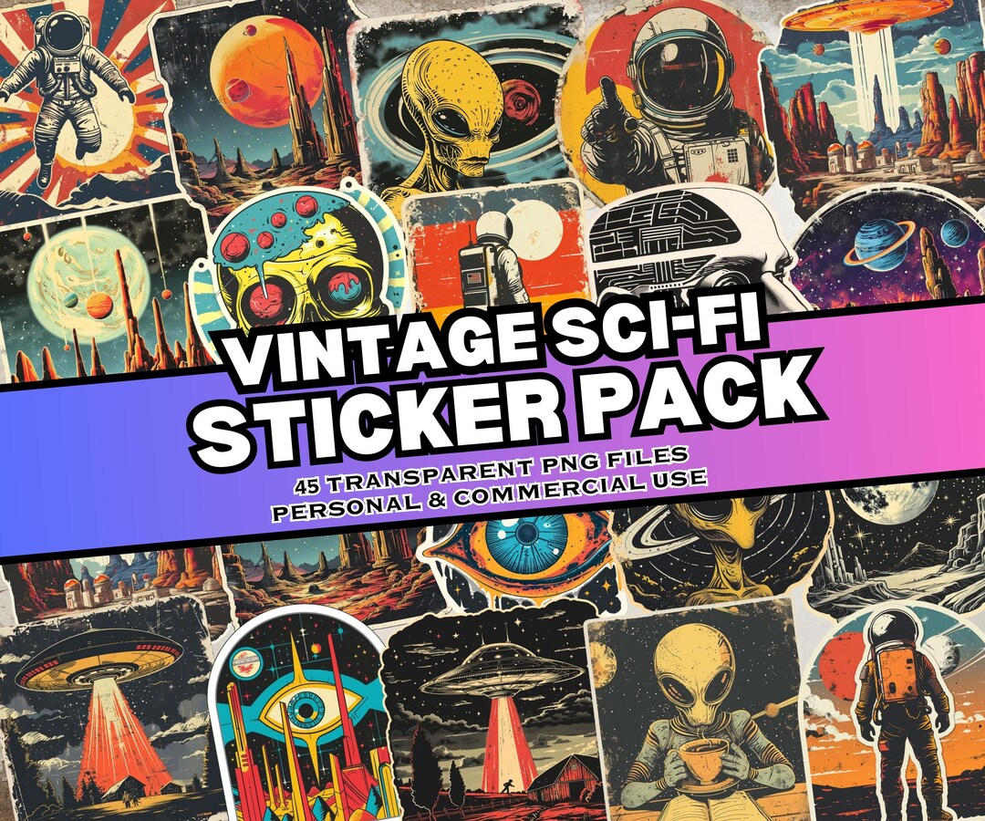Vintage Sci-fi Sticker Pack, 45 Science Fiction Digital Stickers, PNG ...