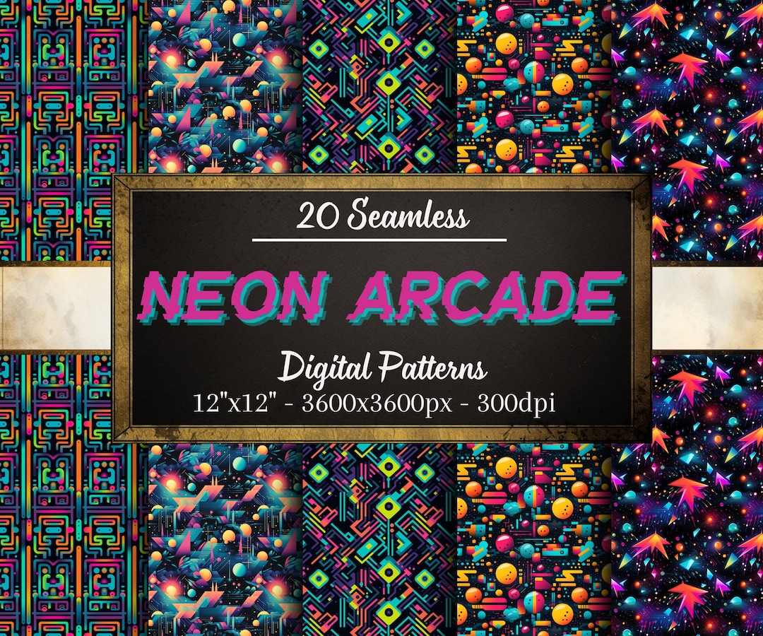 Neon Arcade Seamless Patterns, 20 Retro Arcade Digital Papers, Instant ...