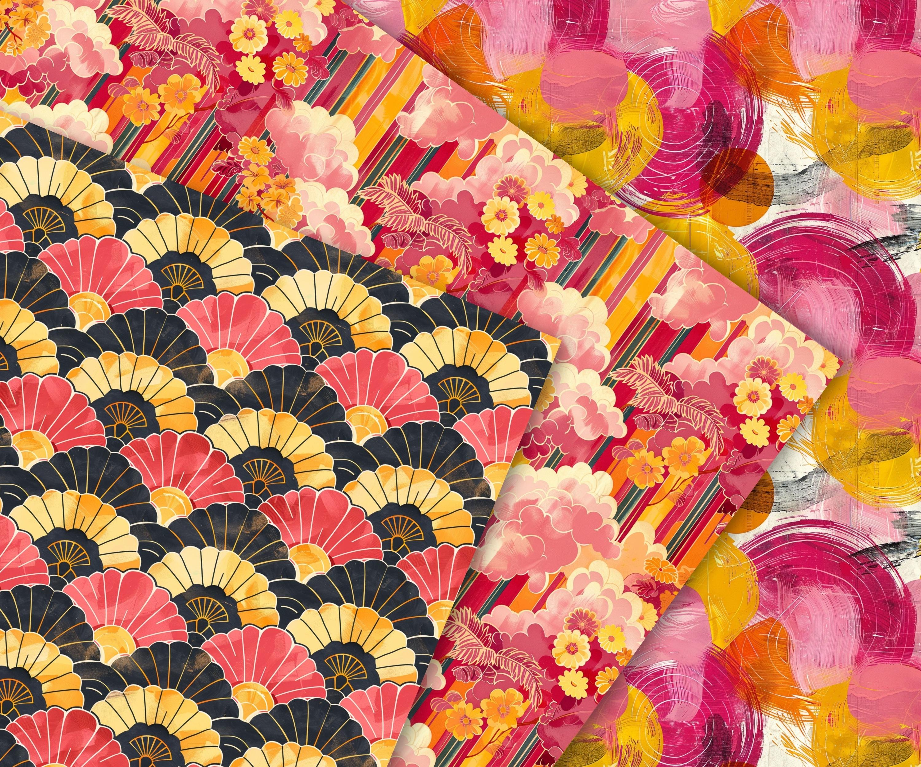 Pink and Yellow Japanese Seamless Patterns, 20 Japan Themed Digital ...