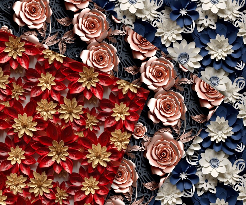Elegant 3D Flower Patterns, 25 Floral Seamless Digital Papers, Instant ...