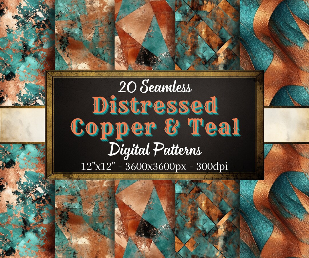 Copper and Teal Digital Paper, 20 Seamless Patterns Distressed Grunge ...