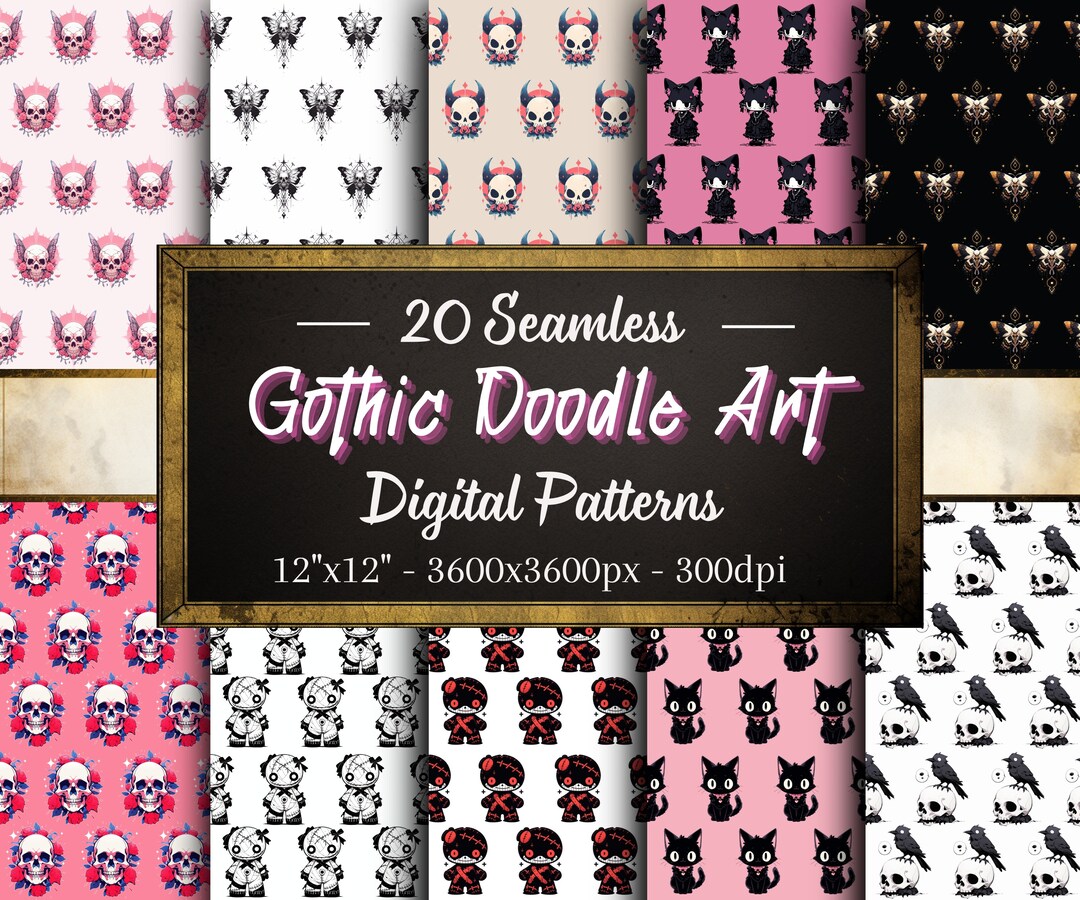 Gothic Doodle Patterns, 20 Fun Gothic Themed Seamless Digital Papers ...