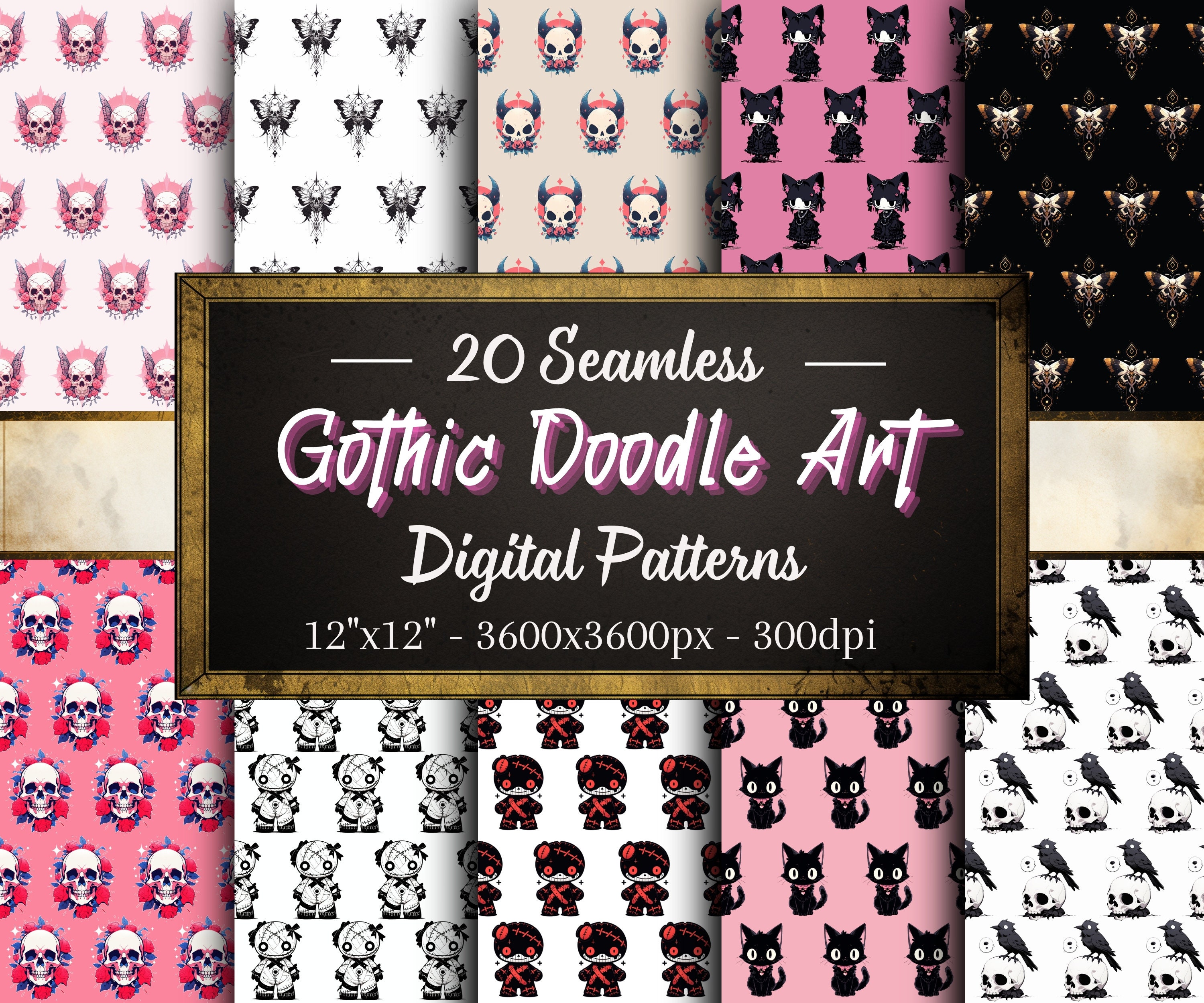 Gothic Doodle Patterns, 20 Fun Gothic Themed Seamless Digital Papers ...