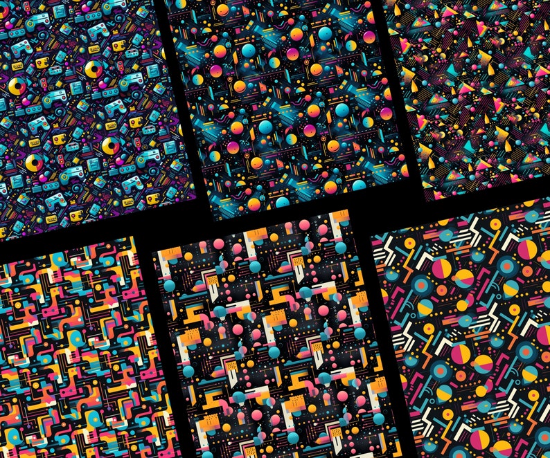 Neon Arcade Seamless Patterns, 20 Retro Arcade Digital Papers, Instant ...