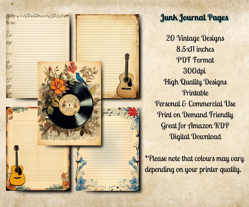 Music Junk Journal, Vintage Scrapbooking Ephemera, 20 Printable Pages ...