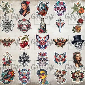 Tattoo Art Sticker Pack, 80 Tattoo Design Digital Stickers, PNG Files ...